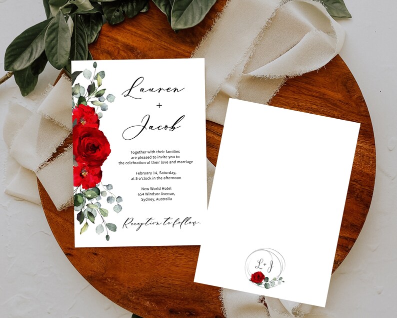 Red Wedding Invitation Red Roses Wedding Invitation Template - Etsy