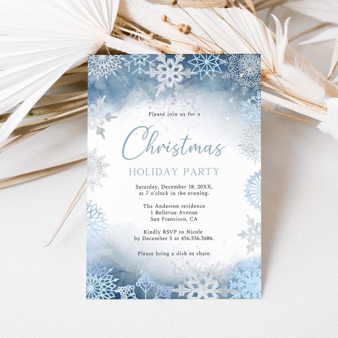 Snowflake Christmas Party Invitation, Dusty Blue Holiday Party Invite ...