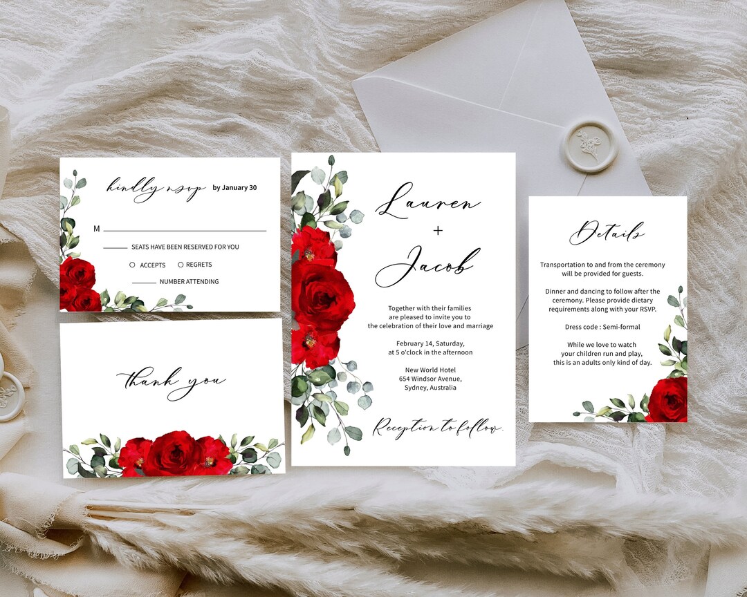 Red Wedding Invitation Red Roses Wedding Invitation Template - Etsy