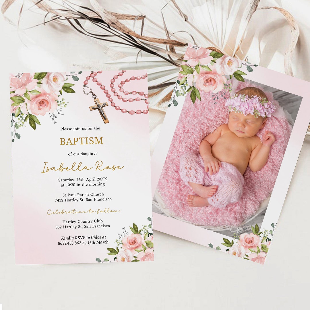 Pink Floral Baptism Invitation With Rosary Girl Baptism - Etsy