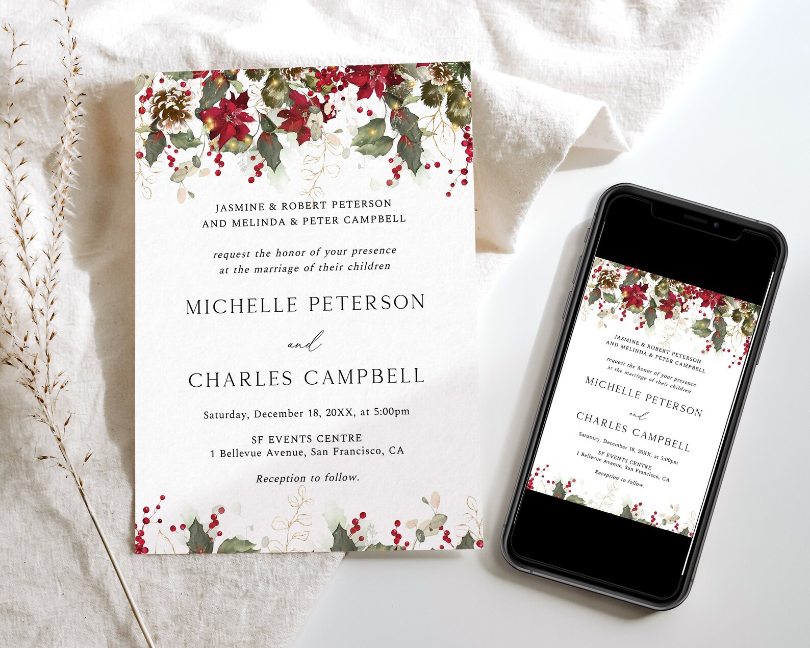 Winter Red Flowers Wedding Invitation, Christmas Wedding Invitation ...