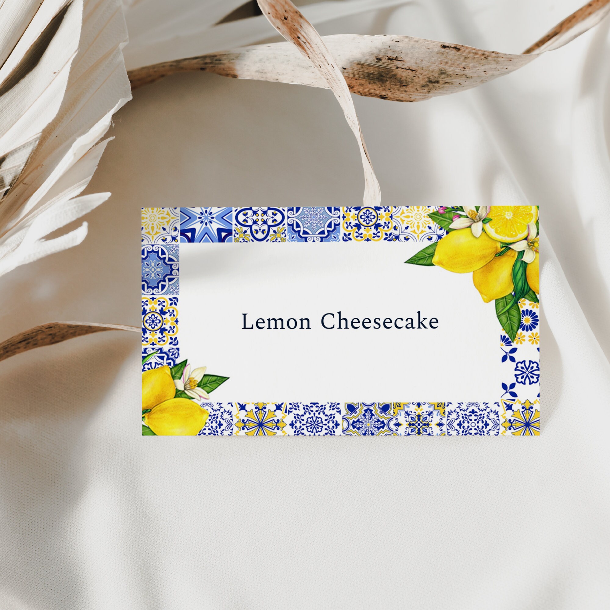 Mediterranean Lemon Food Label Template, Printable Blue Tiles Buffet ...