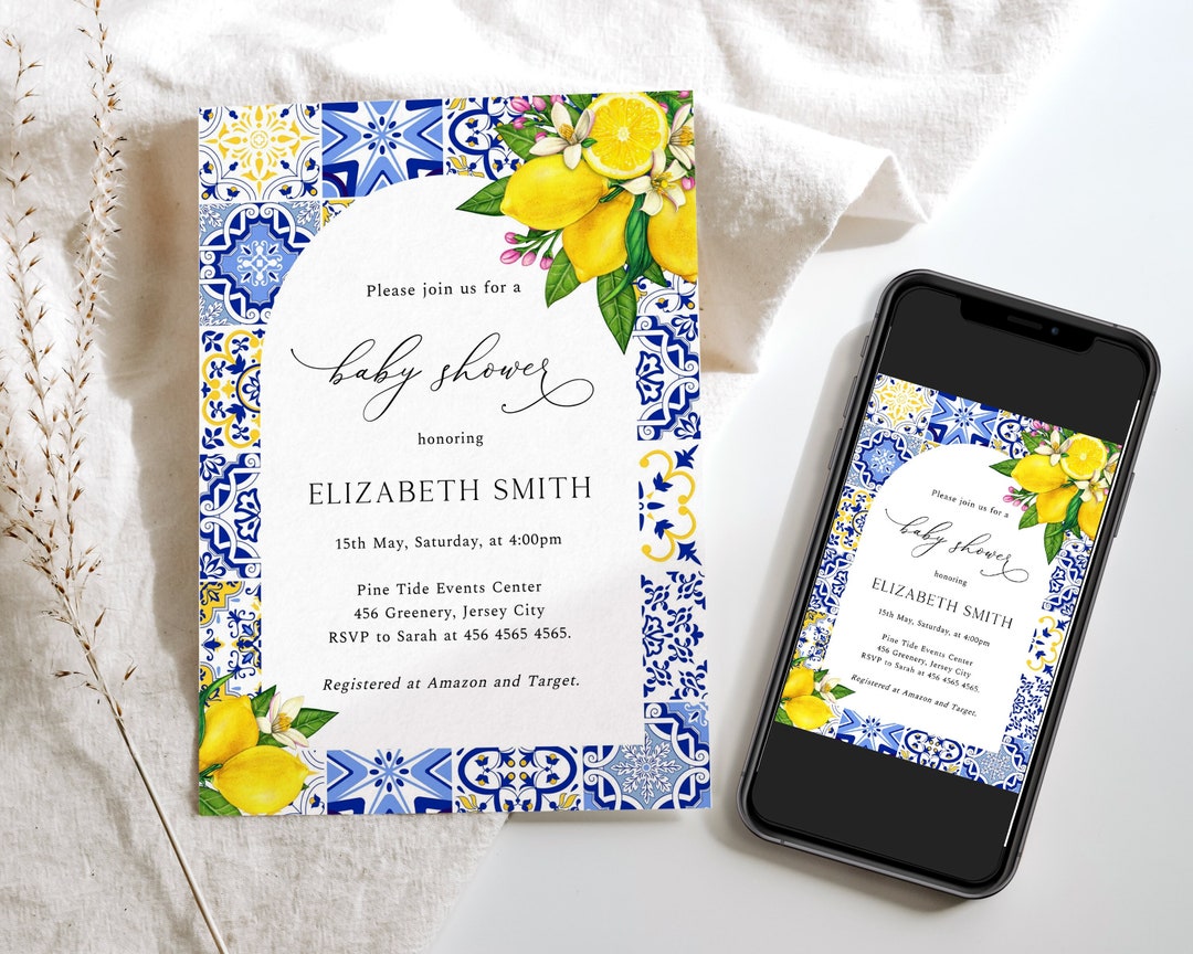 Mediterranean Lemon Baby Shower Invitation, Blue Tiles Lemon Invitation ...