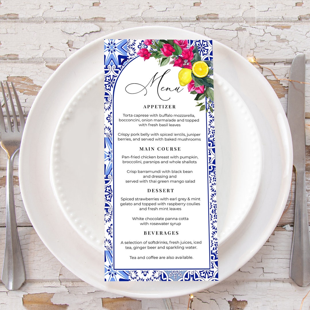 Mediterranean Lemon Menu Template, Hot Pink Bougainvillea, Blue Tiles ...