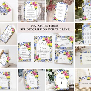Mediterranean Lemon Menu Template, Blue Tiles Lemon Bougainvillea ...