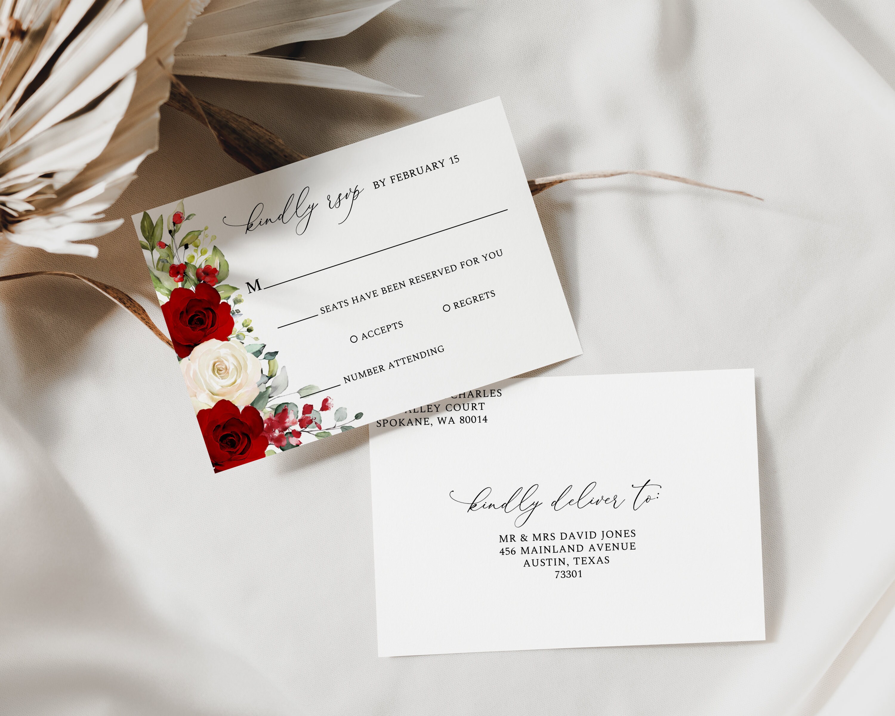 Red and White Wedding Invitation Set, Red Roses Wedding Invite, Floral ...