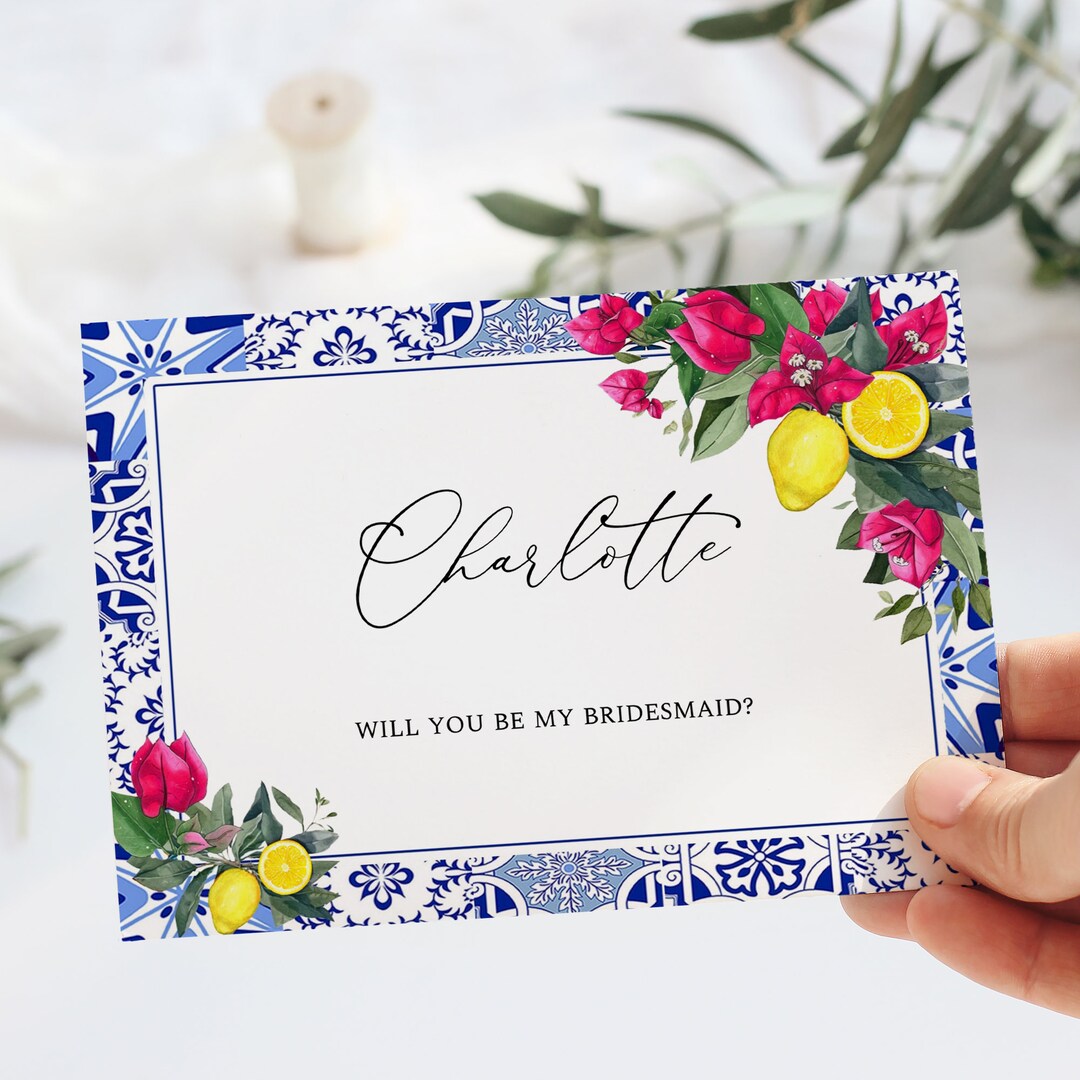 Mediterranean Lemon Blue Tiles Bridesmaid Proposal Card, Citrus Wedding ...