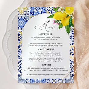 Mediterranean Lemon Menu Template, Blue Tiles Lemon Menu, Dinner Menu ...