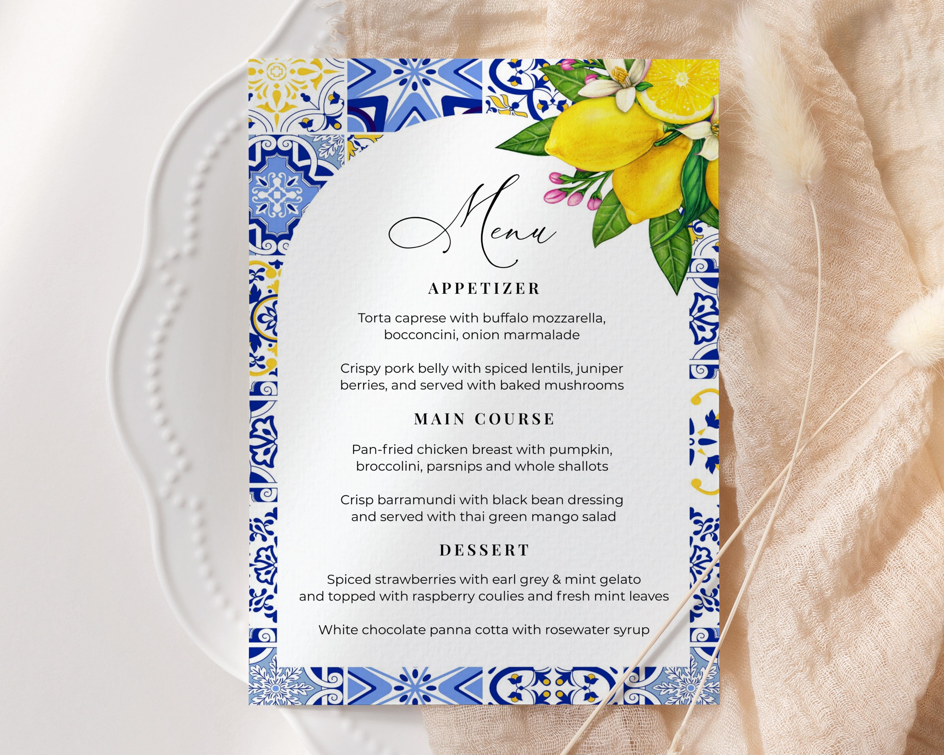 Mediterranean Lemon Menu Template, Blue Tiles Lemon Menu, Dinner Menu ...