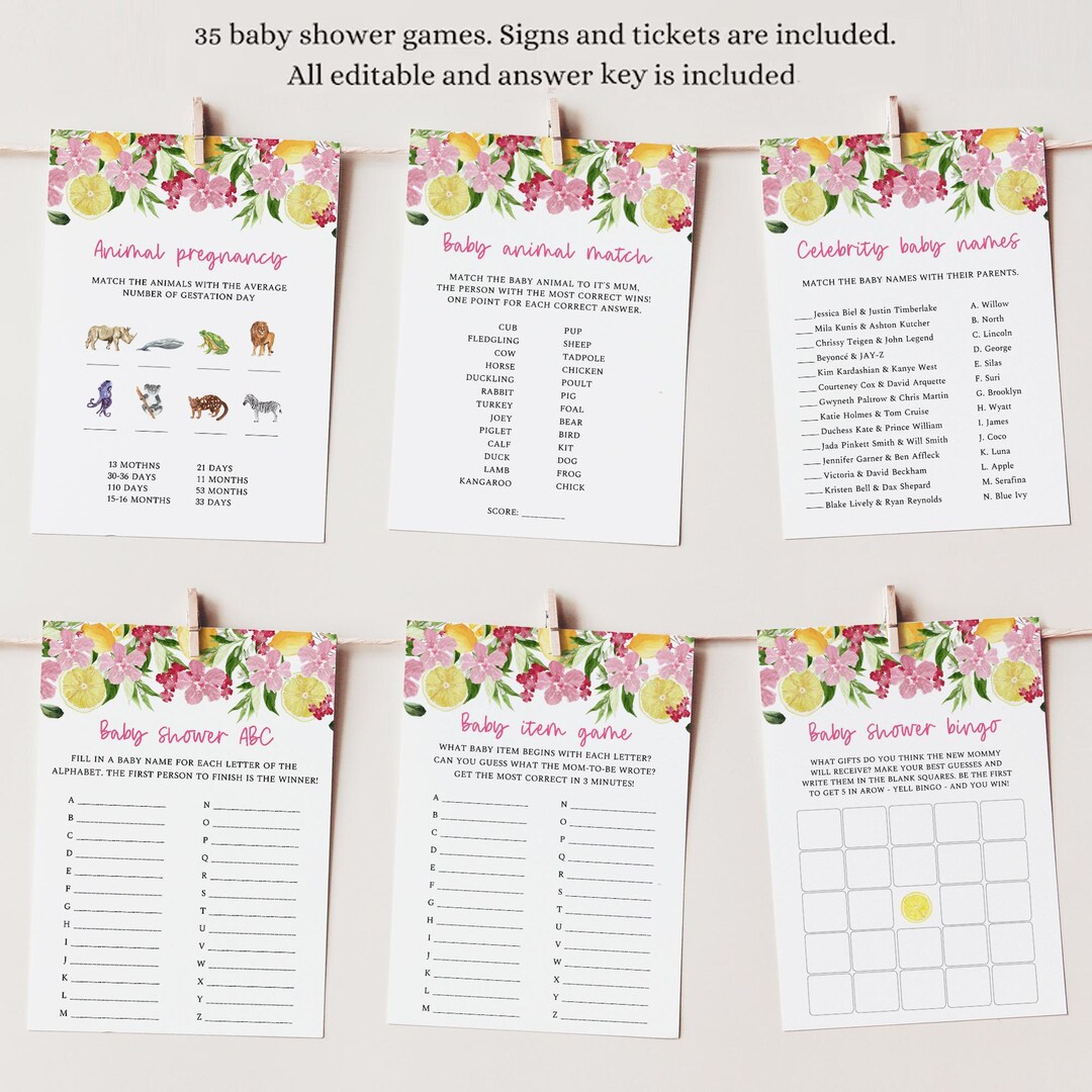 Pink Flowers and Lemon Baby Shower Games, Pink Citrus Baby Brunch Baby ...