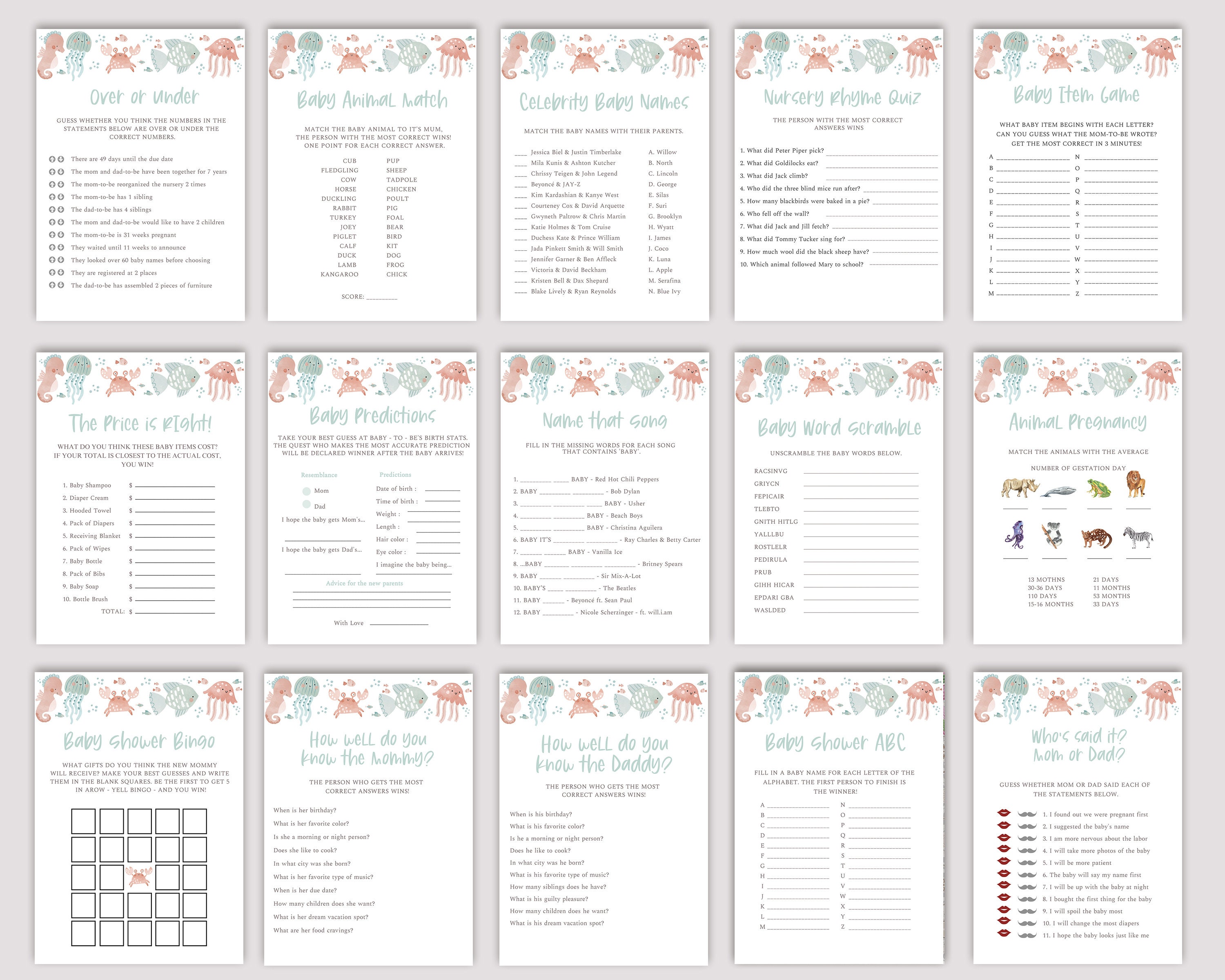 Under the Sea Baby Shower Games, Ocean Animals Baby Shower Game Signs ...