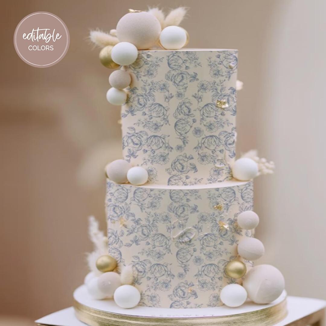 Blue French Toile Cake Wrap PRINTABLE TEMPLATE Pattern Edible Icing ...