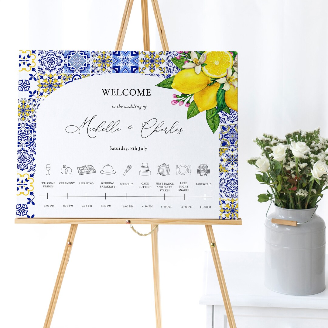 Lemon Wedding Timeline Sign, Blue Tiles Citrus Wedding Program Template ...