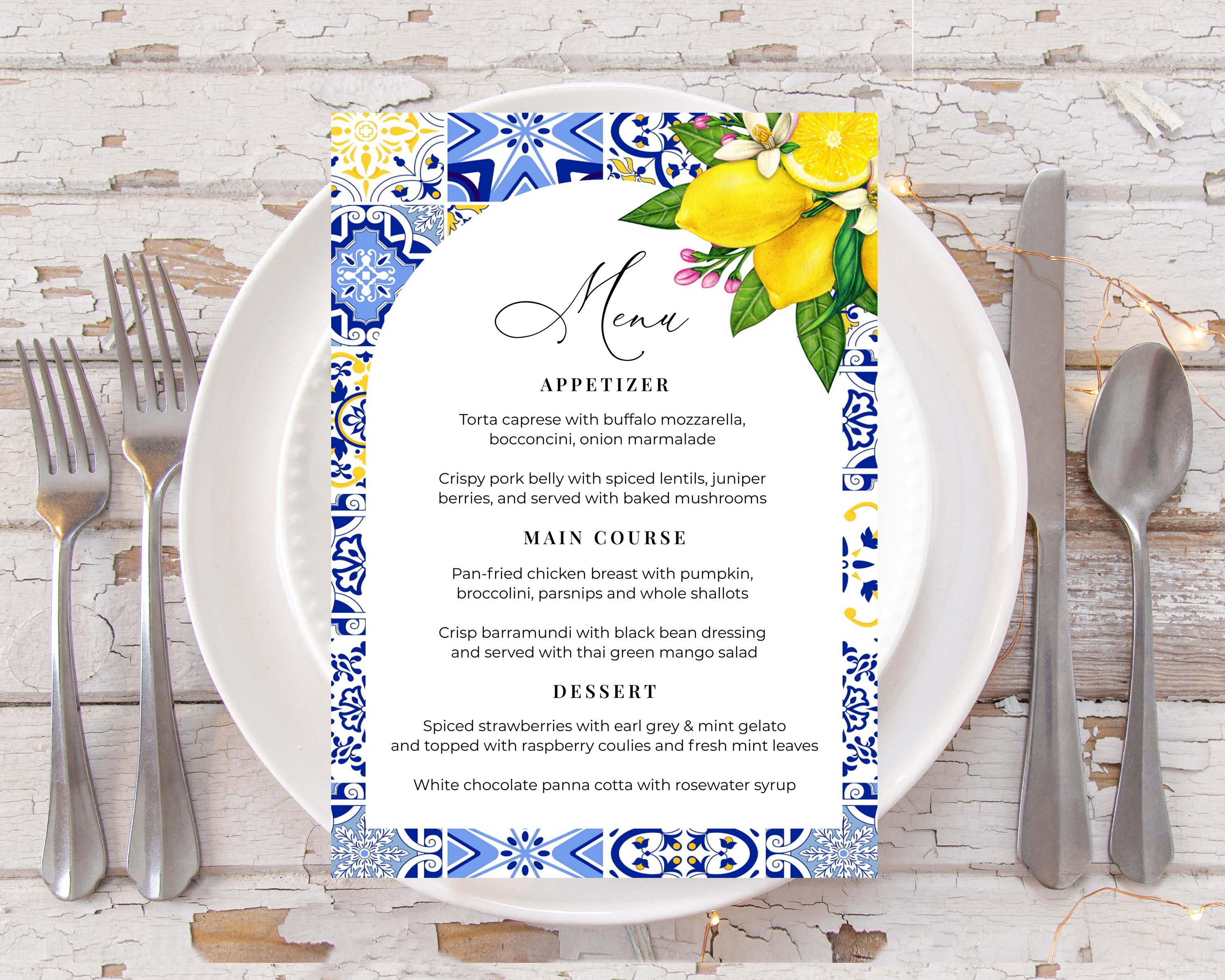 Mediterranean Lemon Menu Template, Blue Tiles Lemon Menu, Dinner Menu ...
