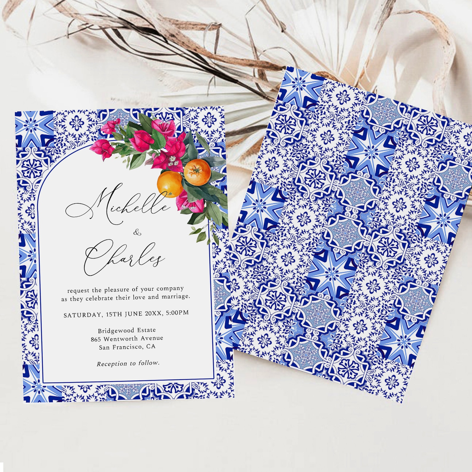 Mediterranean Wedding Invitation, Citrus Orange Wedding Invite, Blue ...