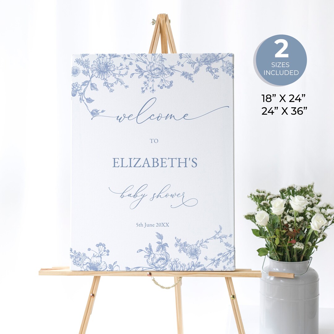 Dusty Blue Chinoiserie Baby Shower Welcome Sign, Blue Floral Line Art ...