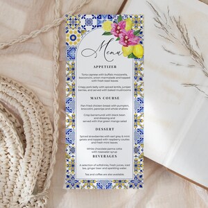 Mediterranean Lemon Menu Template, Blue Tiles Lemon Bougainvillea ...
