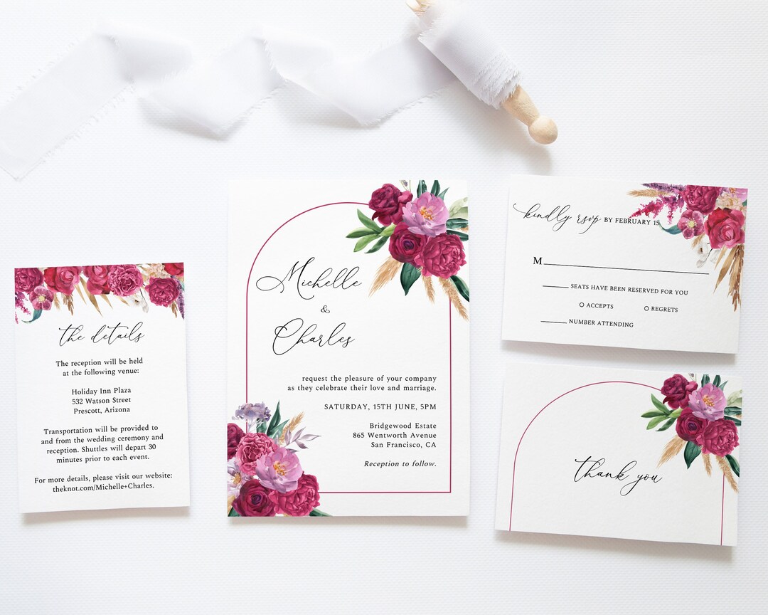 Magenta Wedding Invitation Suite, Fuchsia Wedding Invitation, Hot Pink ...
