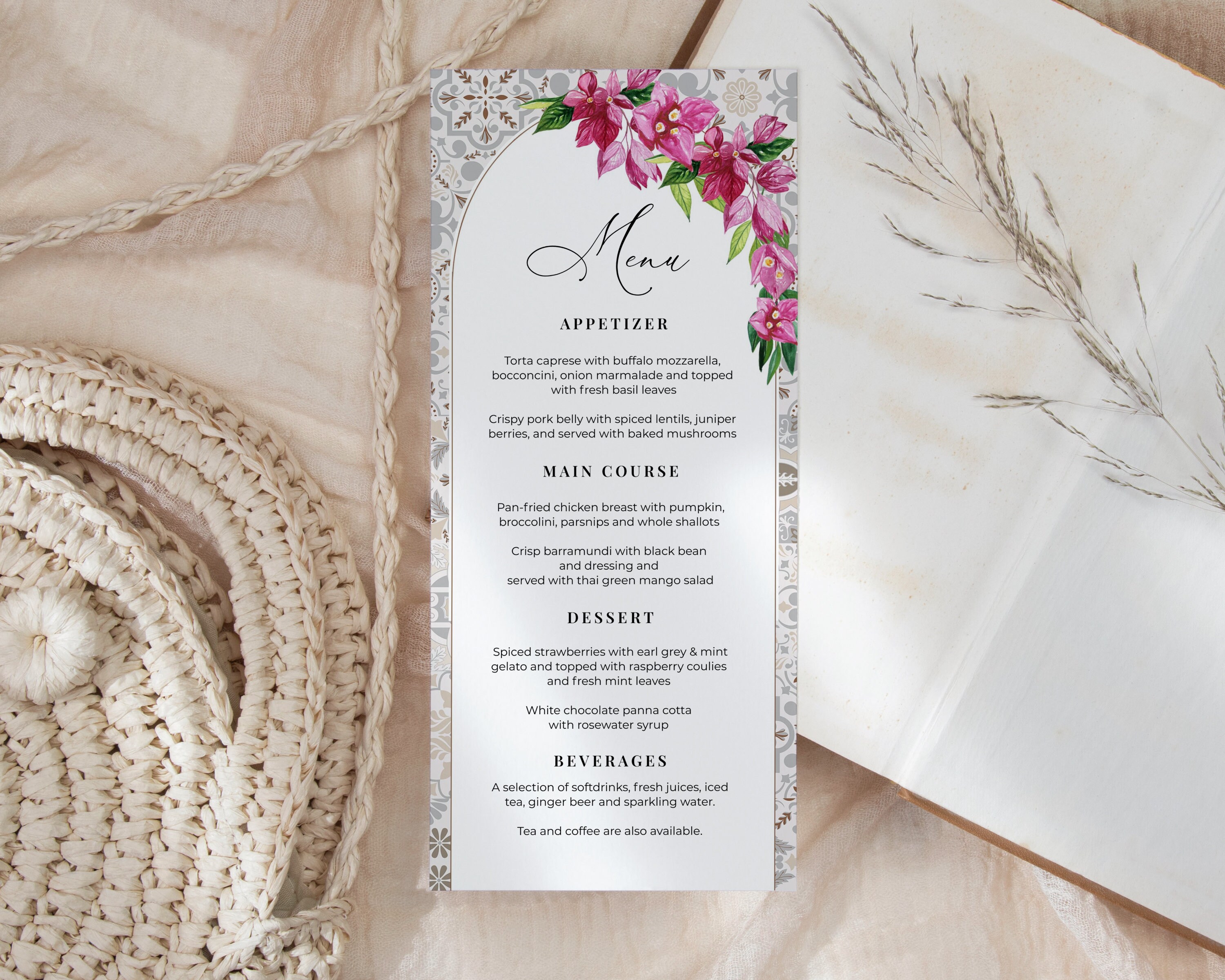 Mediterranean Menu Template, Brown Tiles Bougainvillea Menu, Dinner ...