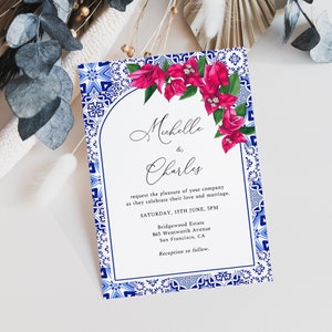 Mediterranean Wedding Invitation, Blue Tiles Bougainvillea, Tuscan ...