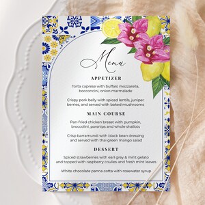 Mediterranean Lemon Menu Template, Blue Tiles Lemon Bougainvillea ...