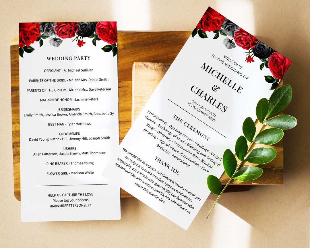Red and Black Roses Wedding Program, Ceremony Program Printable ...