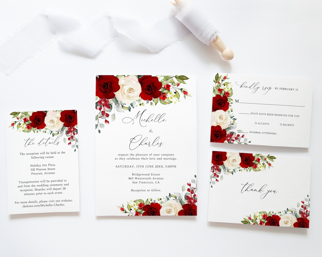 Red and White Wedding Invitation Set, Red Roses Wedding Invite, Floral ...