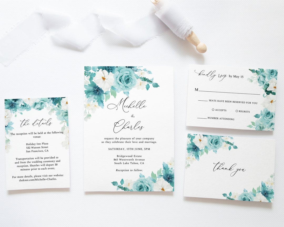 Teal Wedding Invitation Set, Turquoise Invitation, Floral Wedding ...
