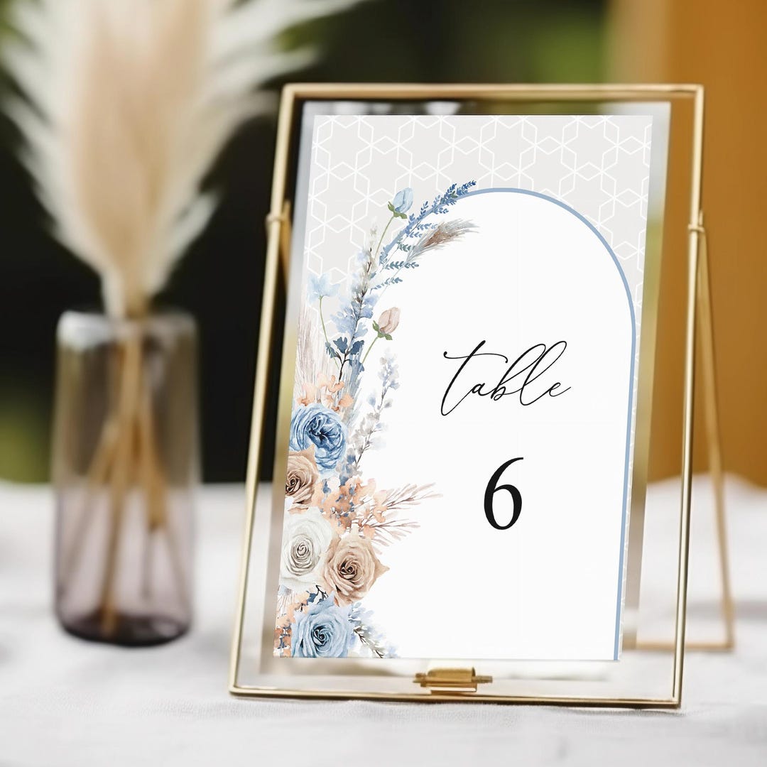 Dusty Blue Boho Table Number Template, Blue White and Tan Floral ...