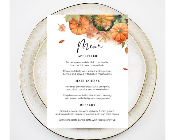 Pumpkin Menu Template Fall Menu Autumn Menu Cards - Etsy