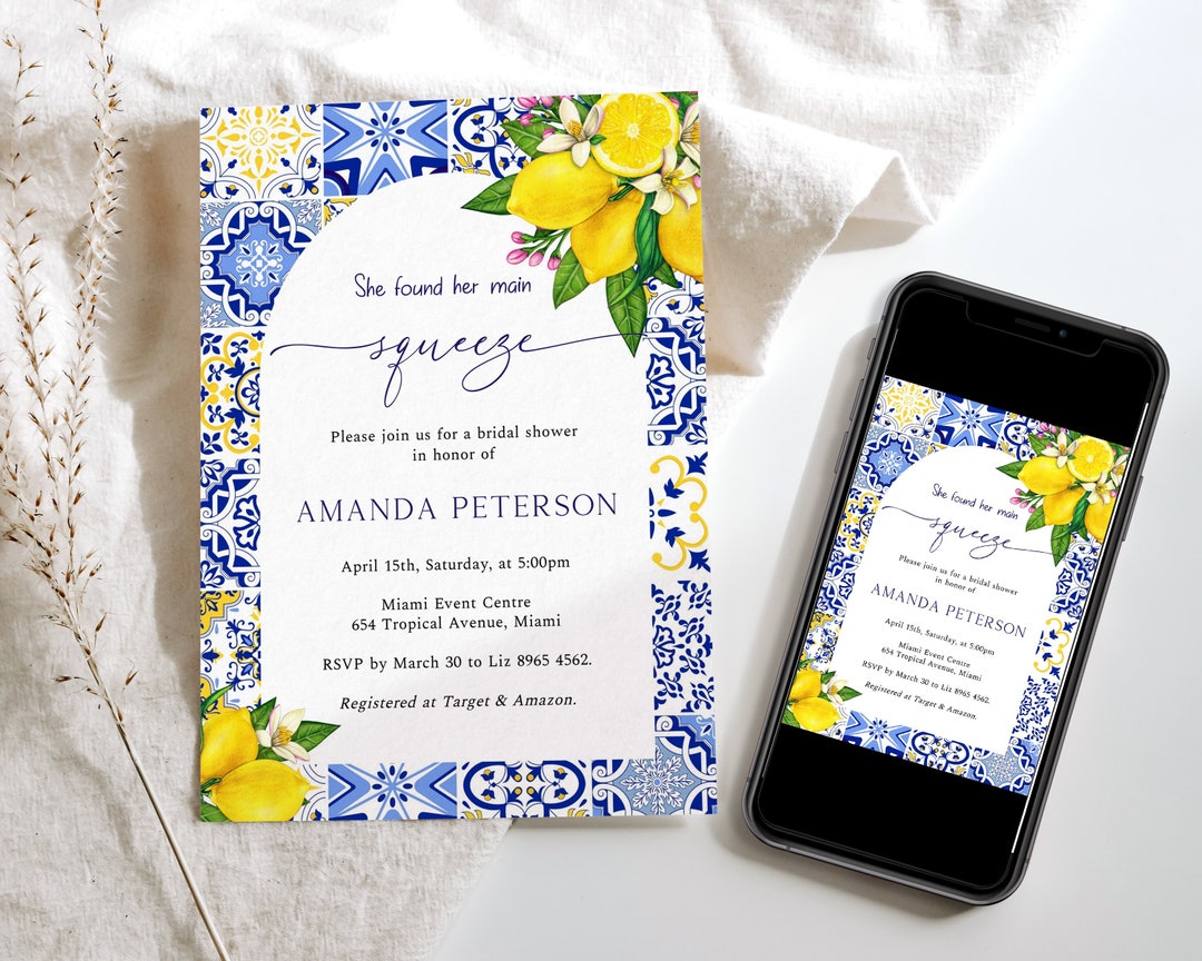 Mediterranean Lemon Bridal Shower Invitation, Blue Tiles Lemon ...