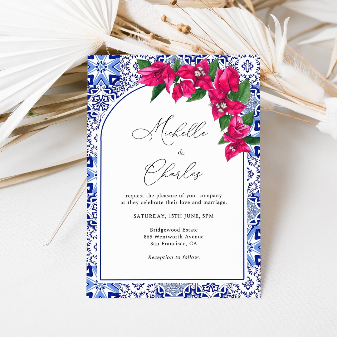 Mediterranean Wedding Invitation, Blue Tiles Bougainvillea, Tuscan ...