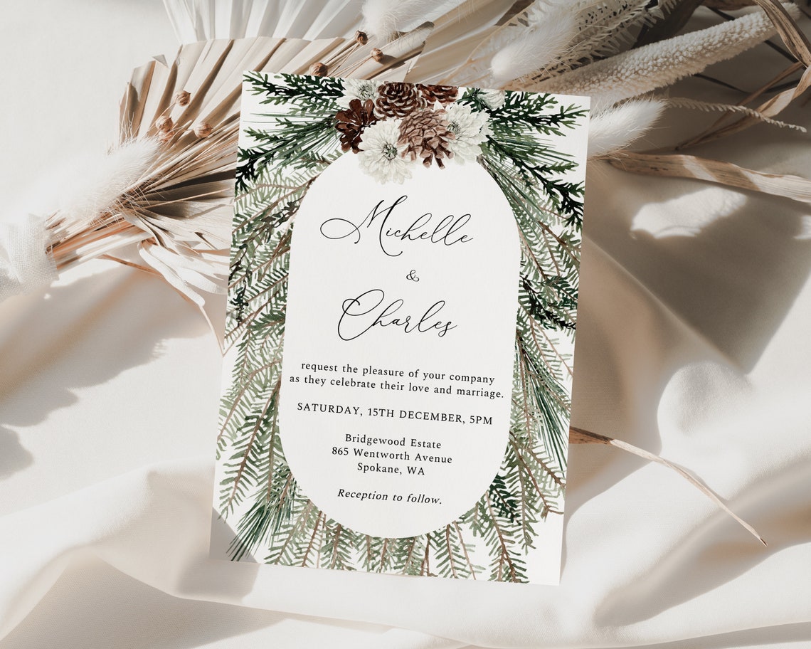 Winter Greenery Wedding Invitation Suite, Christmas Wedding Invite ...