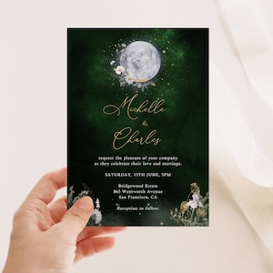 Emerald Green Floral Moon Wedding Invitation Set, Celestial Wedding ...