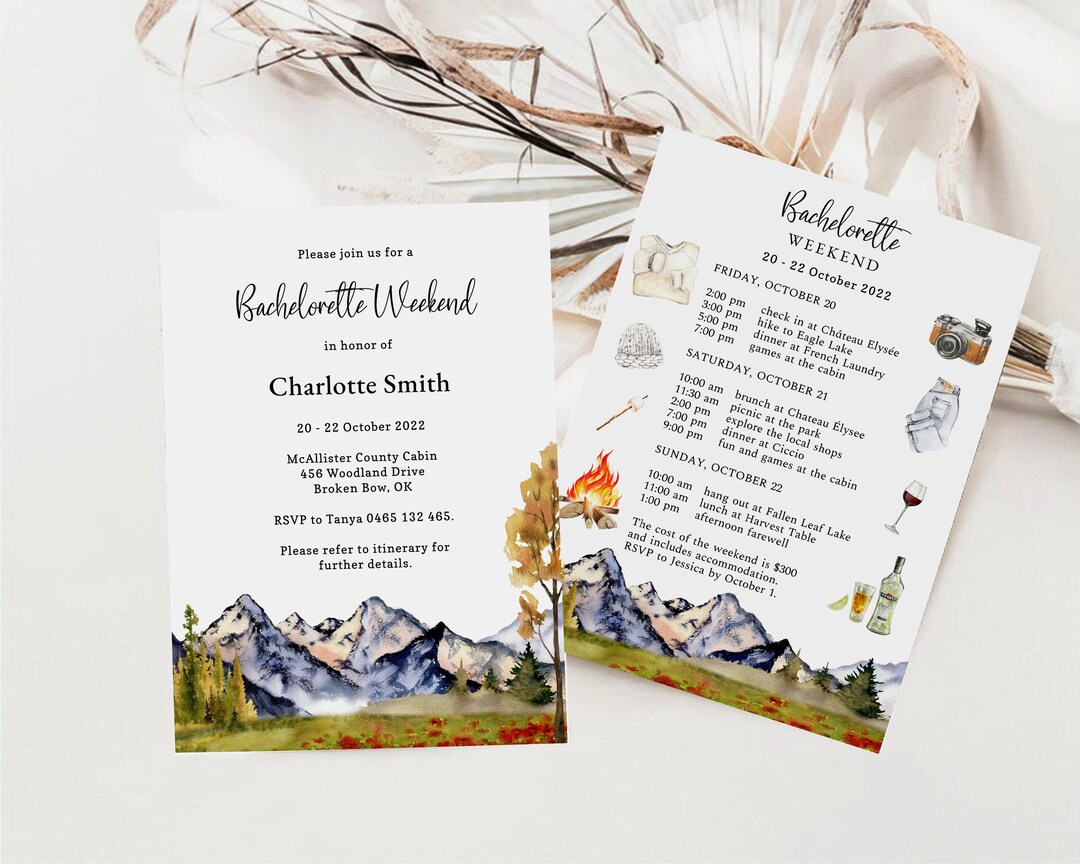 Cabin Trip Invitation With Itinerary, Fall Mountain With Wildflowers ...