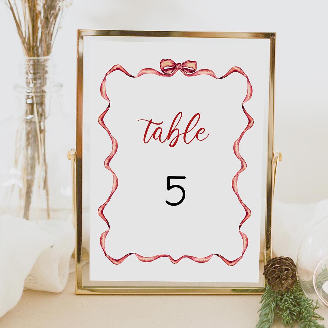 Printable Red Bow Christmas Party Table Number Template, Corporate ...