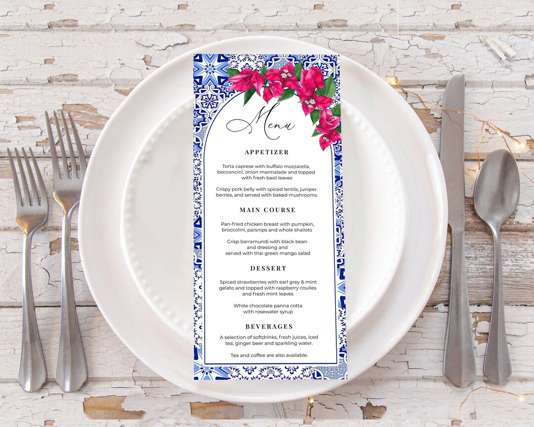 Mediterranean Blue Tiles Menu Template, Bougainvillea Menu Template ...