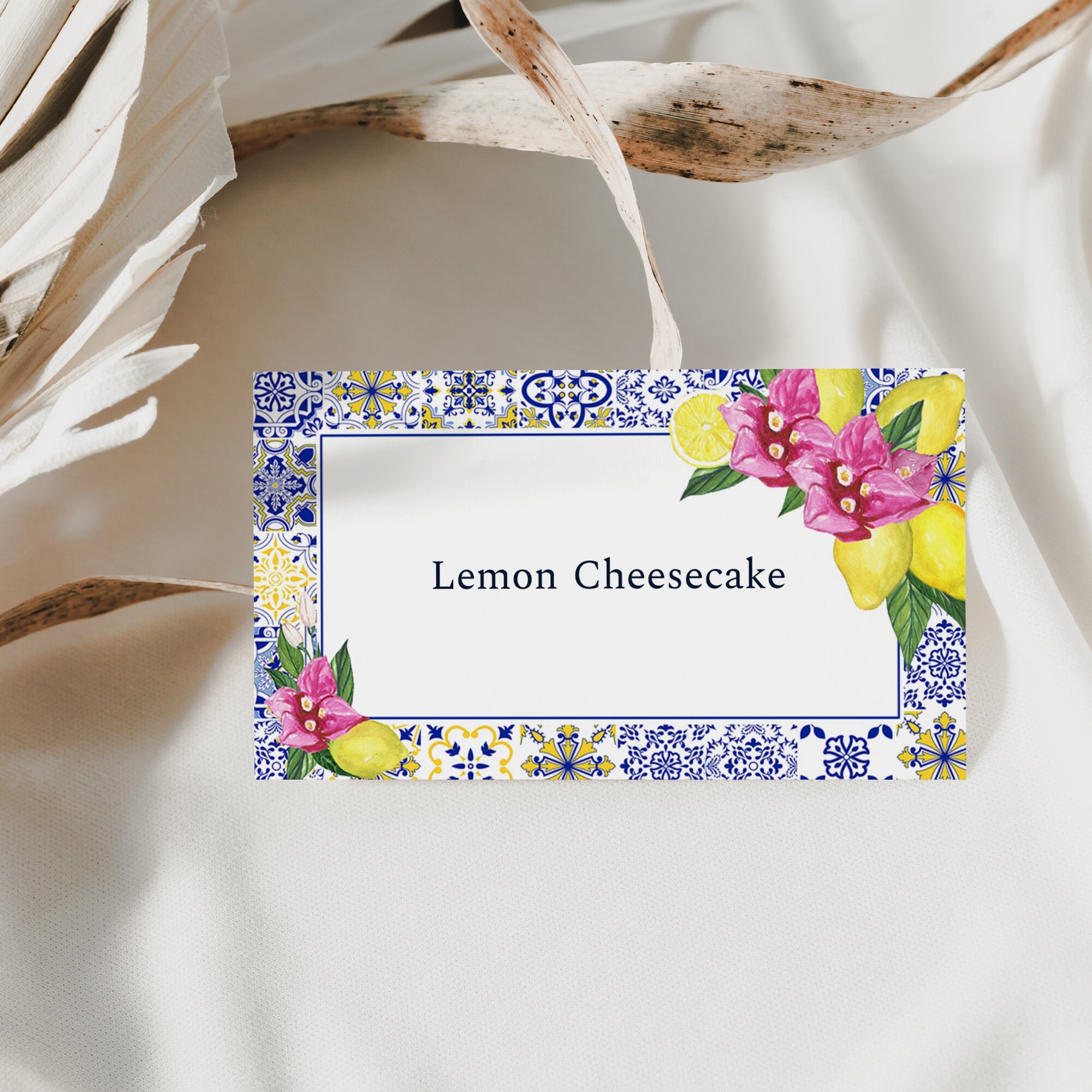 Mediterranean Lemon Food Label Template, Printable Blue Tiles Buffet ...