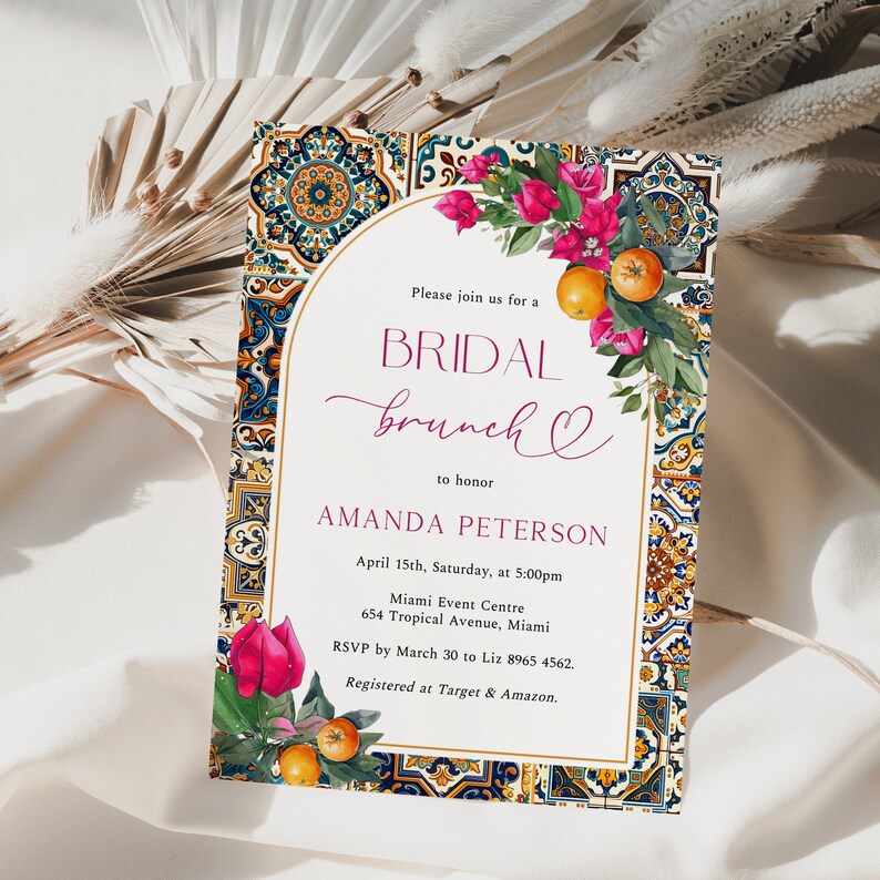 Orange and Bougainvillea Bridal Brunch Invitation, Citrus Bridal Shower ...