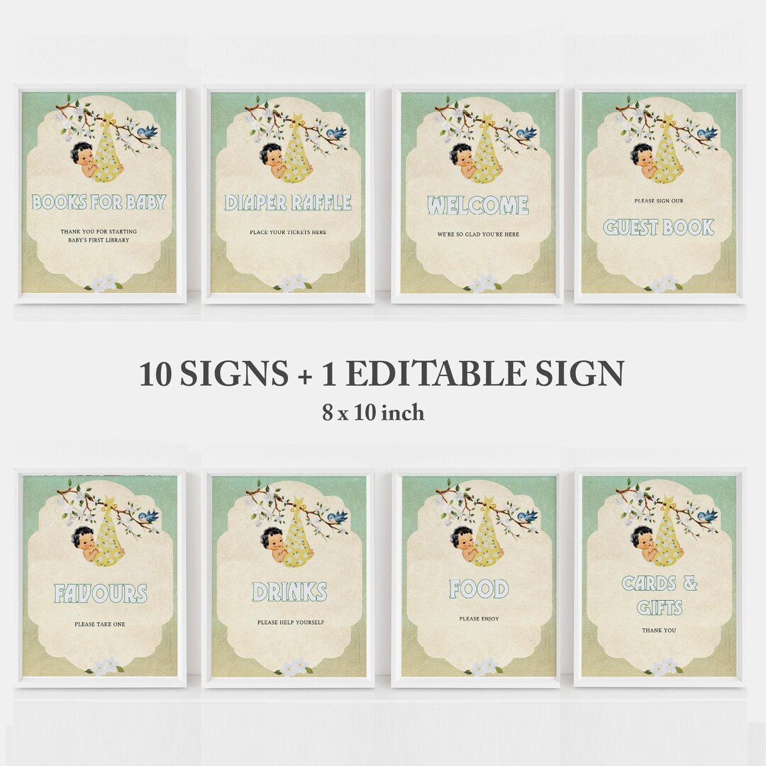Editable Retro Storybook Gender Neutral Baby Shower Signs, Chapter Book ...