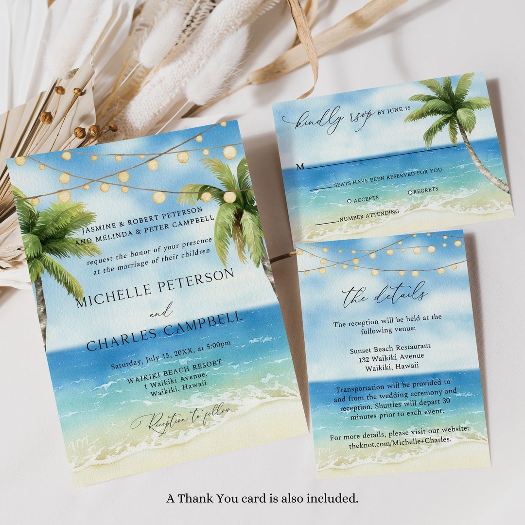 Beach Wedding Invitation Set, Palm Trees Wedding Invitation, Ocean ...