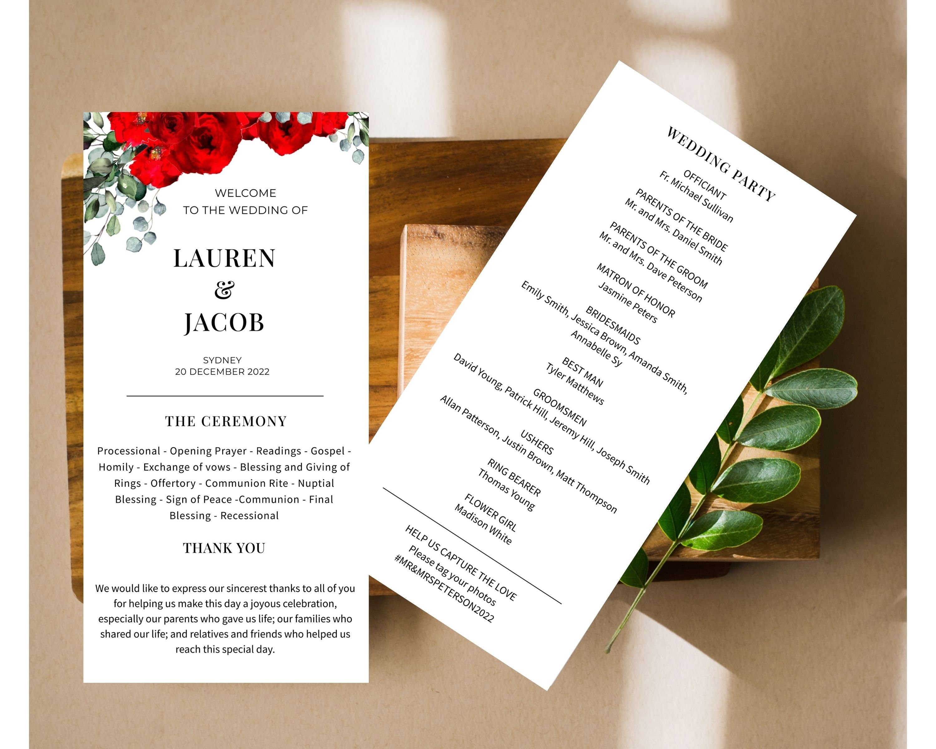 Red Roses Wedding Program Red Wedding Program Template - Etsy