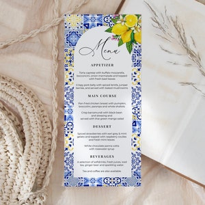 Mediterranean Lemon Menu Template, Blue Tiles Lemon Menu, Dinner Menu ...