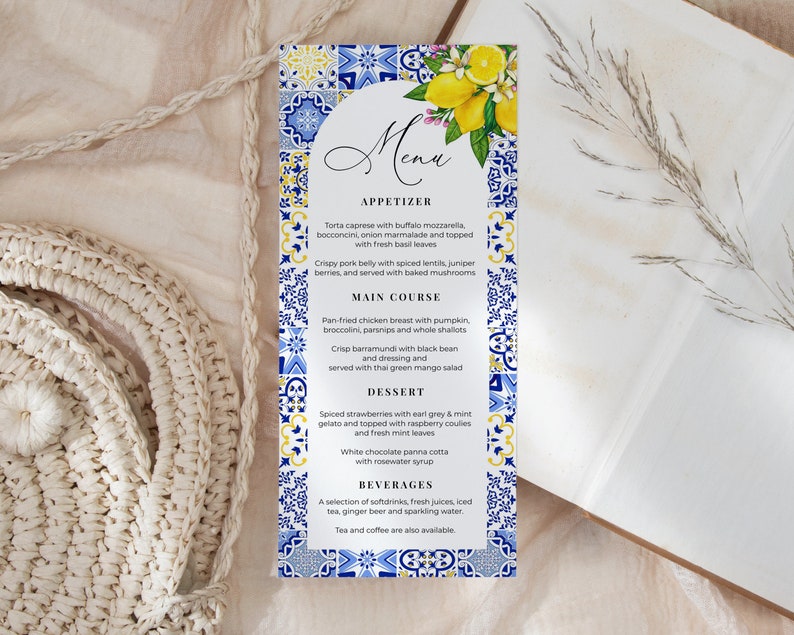 Mediterranean Lemon Menu Template Blue Tiles Lemon Menu - Etsy
