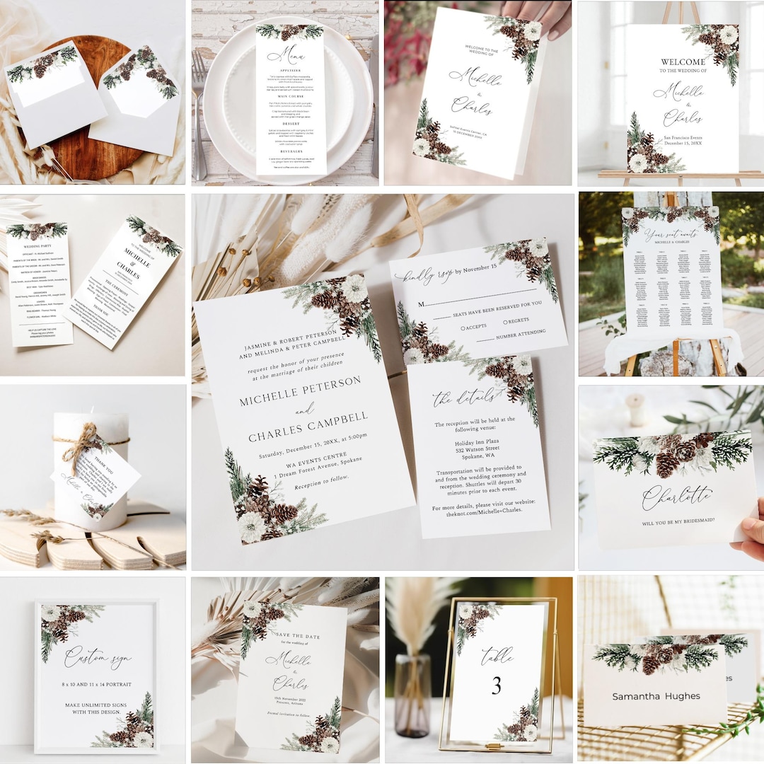 Winter Greenery Wedding Invitation Big Bundle, Christmas Wedding Invite ...