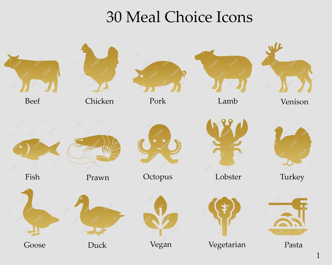 Gold Menu Icons, Gold Meal Choice Icons, 30 Meal Icons, PNG, Commercial ...