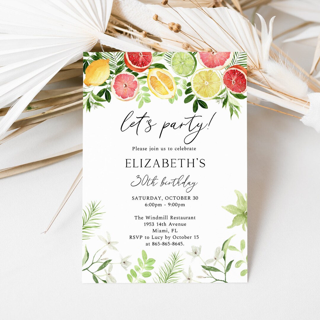 Citrus Lemon Birthday Invitation, Tropical Birthday Invite, Pastel ...