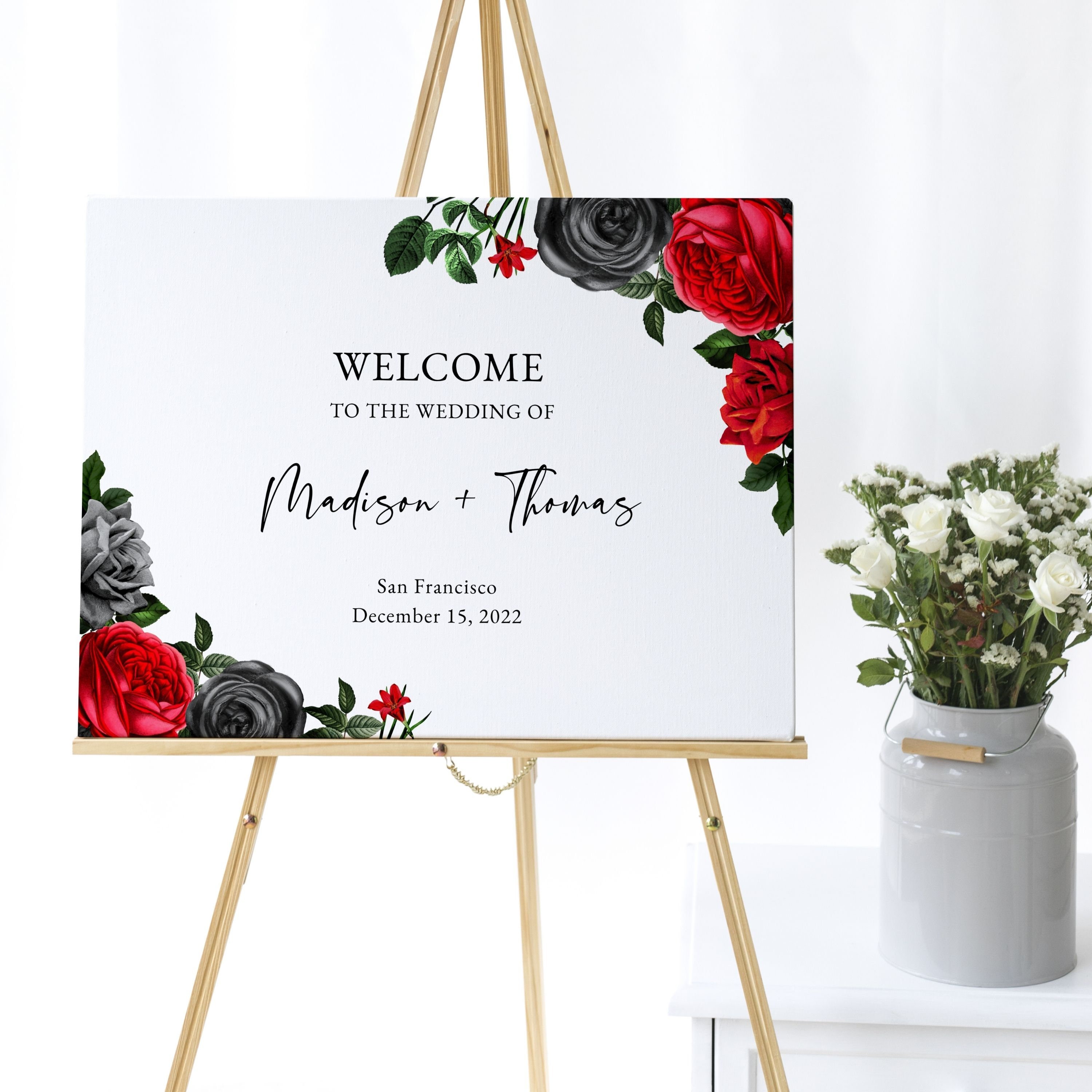 Red and Black Wedding Welcome Sign, Red Rosses Wedding Welcome Decor ...