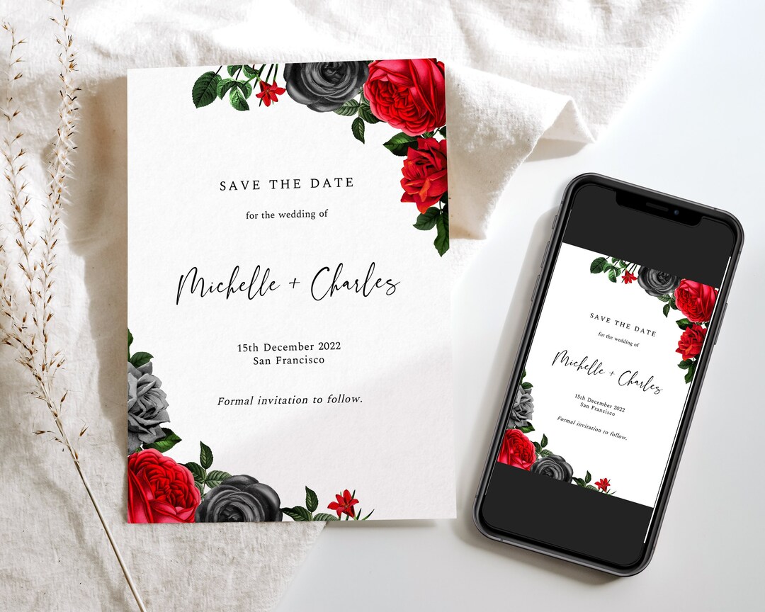 Red and Black Roses Save the Date Template, Editable Save the Date ...