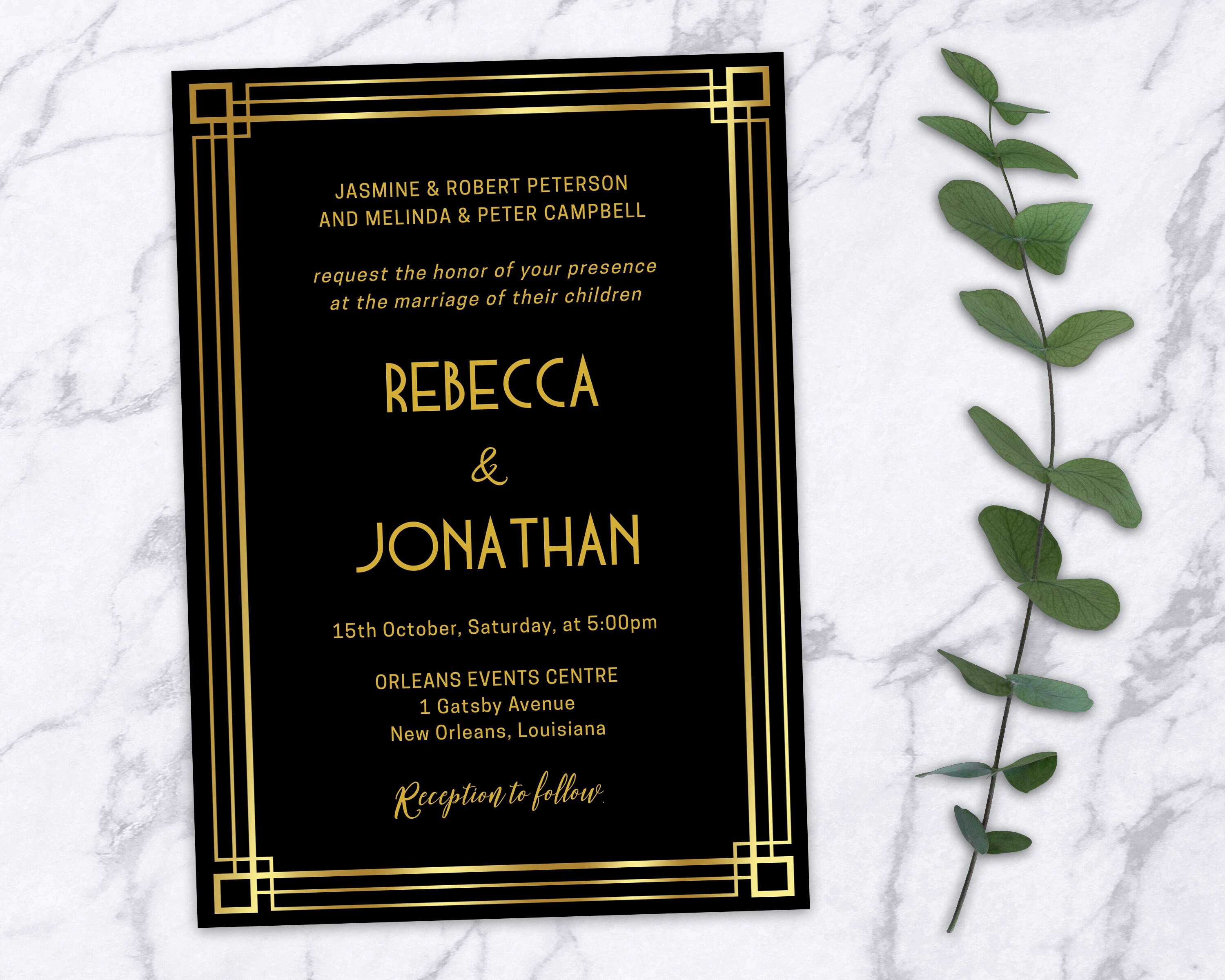Great Gatsby Wedding Invitation Black and Gold Ceremony | Etsy